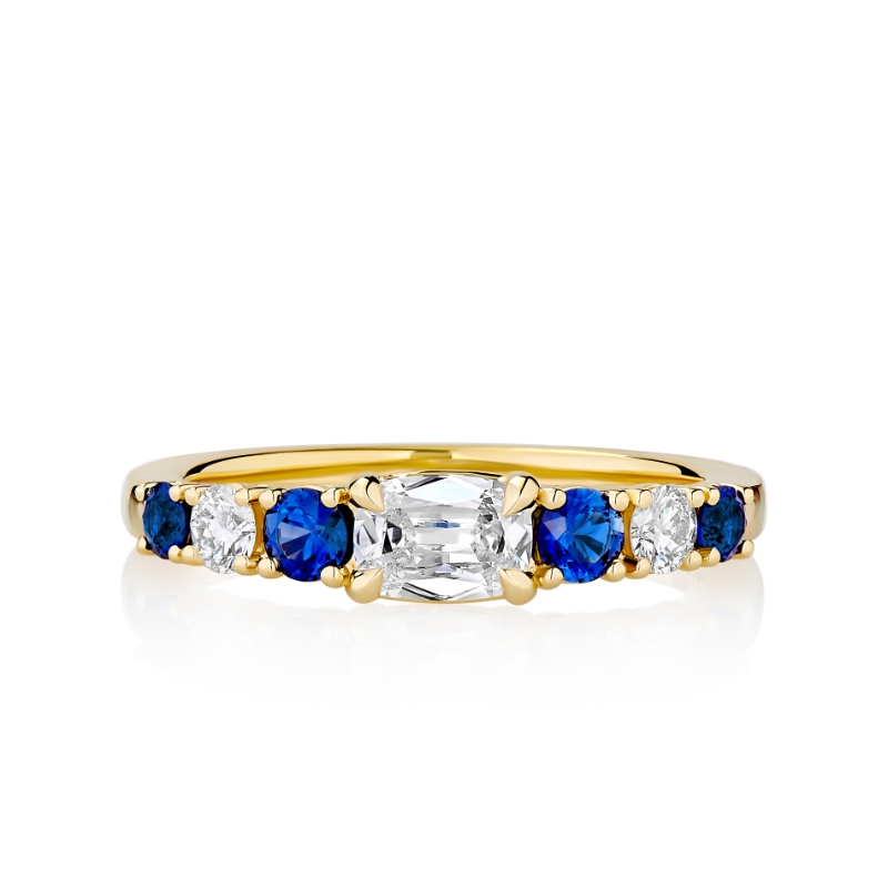 East/ West Prong Set Cushion Diamond Flanked by Alternating Blue ...