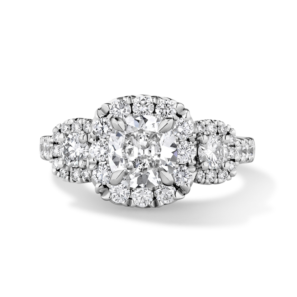 Three Stone Halo Pave Engagement Ring - ACMB