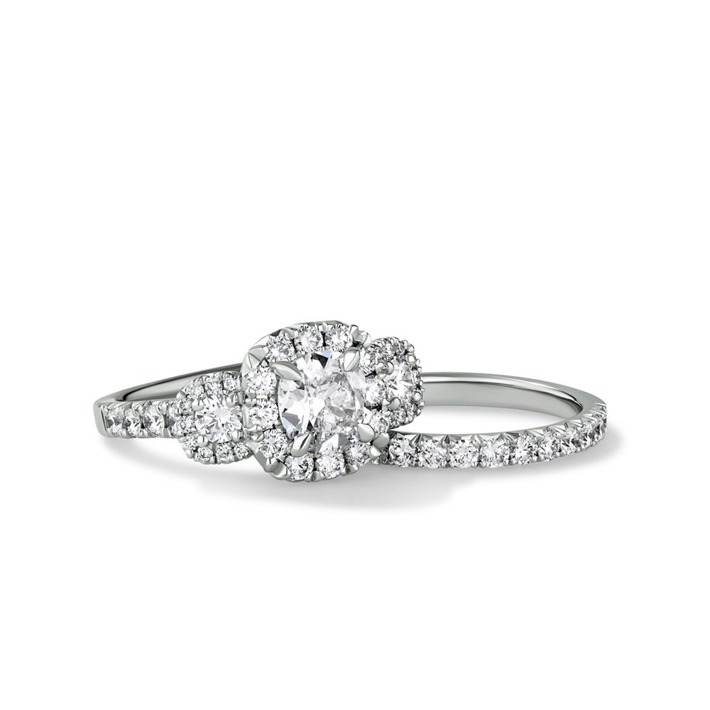 Three Stone Halo Pave Engagement Ring - ACMB